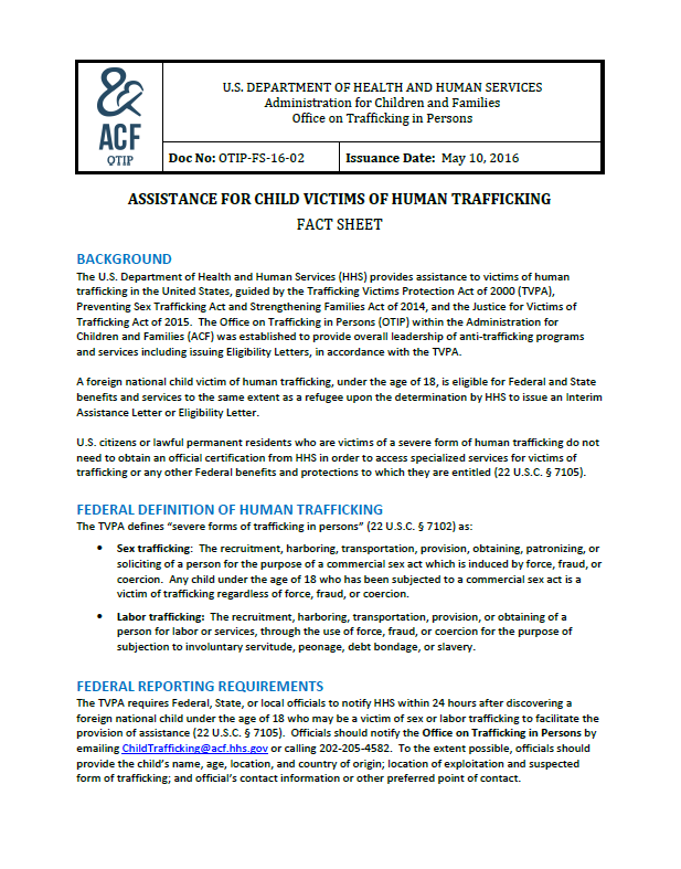 Assistance for Child Victims of Human Trafficking - Freedom Network USA