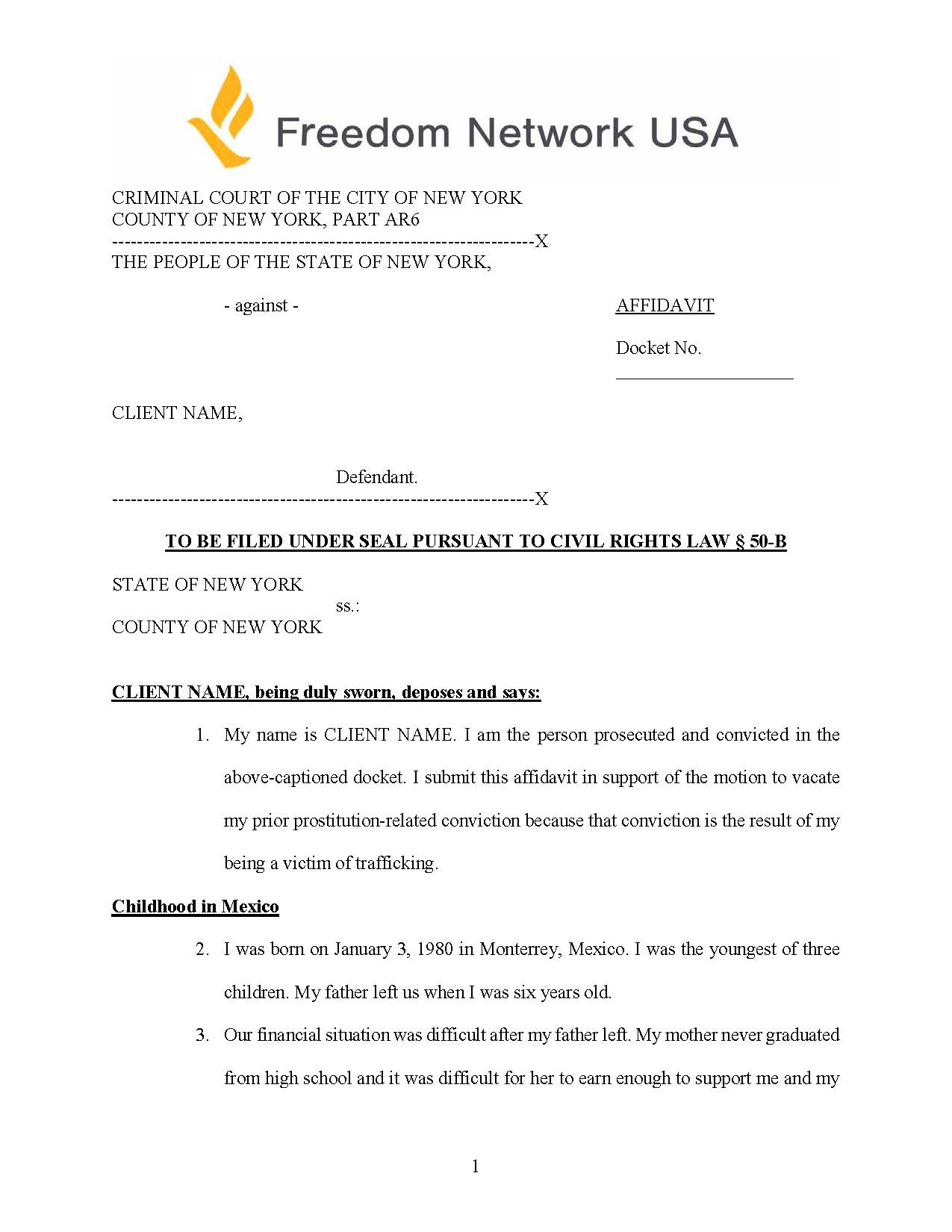 Foreign National Adult Affidavit Template - Freedom Network USA