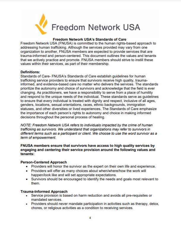 Freedom Network USA's Standards of Care - Freedom Network USA