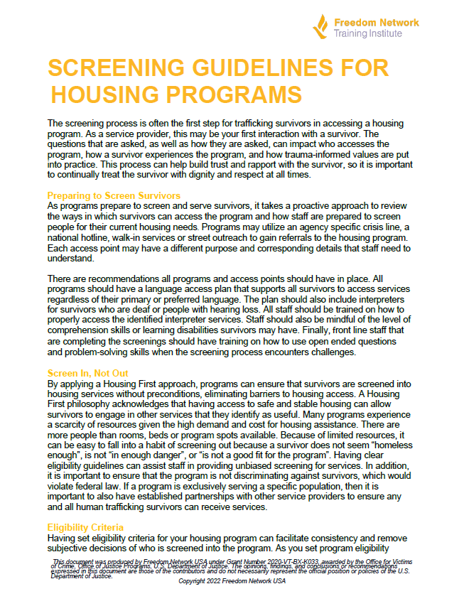 Screening Guidelines for Housing Programs - Freedom Network USA